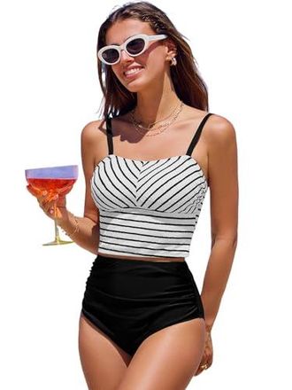 Cupshe Tankini pour femme - Col carr&eacute; - Taille haute - &Eacute;lastique - Deux pi&egrave;ces - Bretelles r&eacute;glables, Noir/ray&eacute;, Taille XL