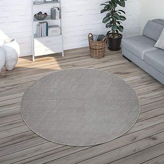 Paco Home Tapis Salon Uni Sobre Et Moderne Poils Ras, Diff. Tailles/Coloris, Dimension:200 cm Rond, Couleur:Argent