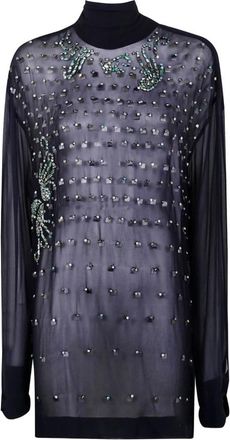 Dries Van Noten Femme, Blouses et Chemises, Bleu, Taille: 40 FR Chemise longue &agrave; col montant et foulard orn&eacute; de cristaux