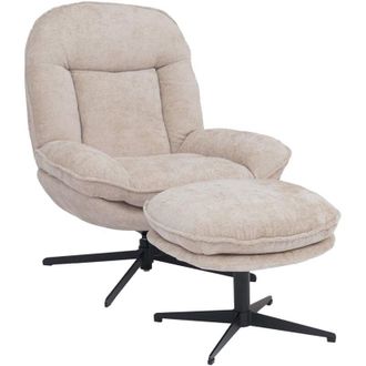 Hhg Relaxsessel mit Hocker HHG-704, Fernsehsessel Nosagfederung, drehbar Metall Stoff/Textil Chenille (370 g/m&sup2;) creme