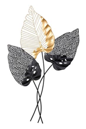Gilde Deko Wandrelief Wanddekoration XXL - 3D Metall Bild Bl&auml;tter - Dekoration Wohnzimmer - Farben: Schwarz Gold - 65 x 107 cm