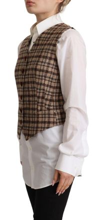 Dolce & Gabbana Womens Brown Checkered Leopard V-Neck Sleeveless Vest Top