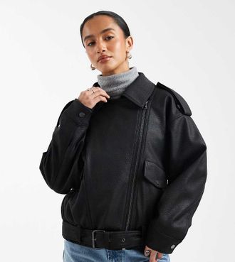 Asos Petite ASOS DESIGN Petite - Blouson en similicuir style motard oversize - Noir