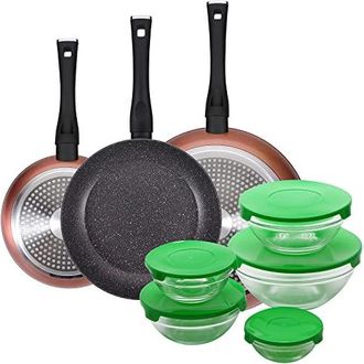 San Ignacio Packung mit 3 Pfannen &Oslash; 20/24 und 28 cm + Set mit 5 Kugeln mit gr&uuml;nem Deckel