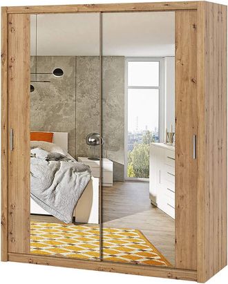 Selsey Rinker - Schwebet&uuml;renschrank/Kleiderschrank 2-t&uuml;rig mit 2 Kleiderstangen, Opt. mit Spiegel, 180 cm (Eiche Artisan mit Spiegel)