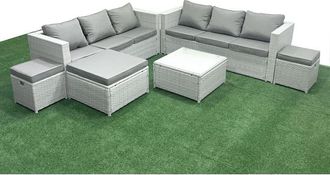 Fimous Gartenm&ouml;bel im Freien Polyrattan 9-Sitzer Rattan Garten Sofa Set mit 3 Hockern Hellgrau gemischt - Fimous