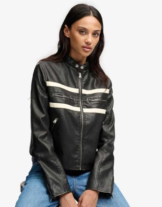 Superdry veste moto en imitation cuir d&eacute;lav&eacute; noir/blanc cass&eacute;
