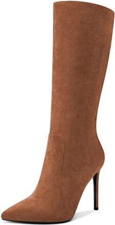 Castamere Femmes Haut High Talon Heel 10 CM Heels Pointu Bout Fermeture à Glissière Mi Mollet Bottes Mariage Bureau Sexy Dress Bottes Marron A 38 EU