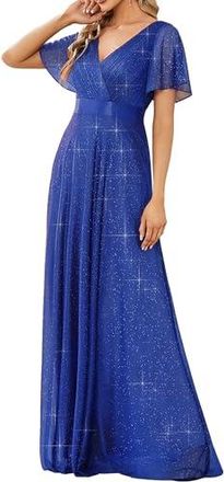 Ever-pretty Robe Longue de Soiree Tulle Plissé Femme Manches Courtes Col V A Line Taille Empire Brillante Élégante Bleu Saphir 38