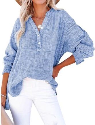 Generic Chemise d&eacute;contract&eacute;e &agrave; manches longues avec boutons et col en V pour femme, chemisier uni surdimensionn&eacute; en lin pour femme, bleu, XXL