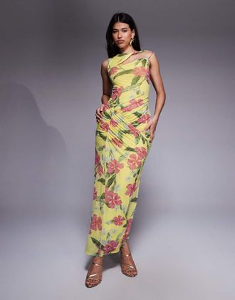 Asos Robe longue &agrave; imprim&eacute; fleuri avec d&eacute;coupe et encolure asym&eacute;trique - Jaune-Multicolore