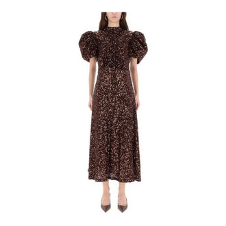 Rotate Pailletten-Kleid mit Puff&auml;rmeln und Stehkragen- Midi-L&auml;nge - - Dresses - Damen - Braun - XS