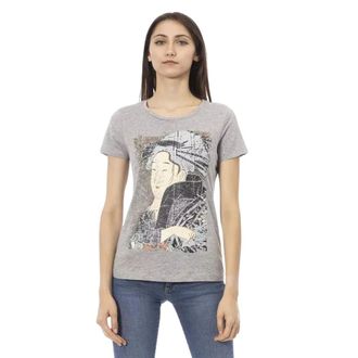 Trussardi Femme, Tops, Gris, Taille: 38 FR Tee-shirt en Coton Gris Chic avec Imprim&eacute;