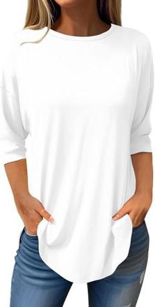 Generic T-shirt pour femme à col rond et manches trois-quarts tendance décontracté, blanc, M