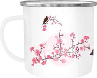 Autiga Emaille Tasse Becher Kirschbl&uuml;ten V&ouml;gel Vogel Blumen Bl&uuml;ten Flower Cherry Tree Birds Kaffee-Tasse wei&szlig;-metall unisize