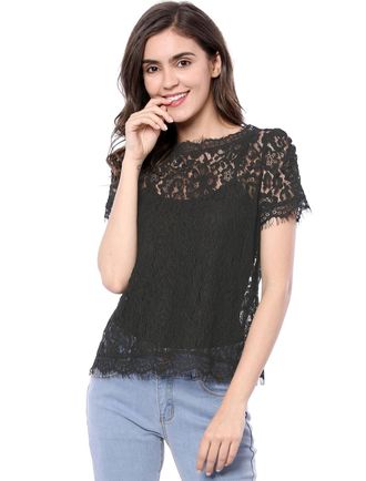 Allegra K Damen Dirndlbluse Mesh Oberteil Kurzarm Durchsichtig Rundhals Rüschen Blumen Spitze Bluse Shirt Schwarz L