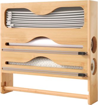 Relaxdays Wandrollenhalter 4 in 1, K&uuml;chenrolle, Frischhalte-, Alufolie, Gefrierbeutel, Bambus, HBT: 33x34,5x7 cm, Natur