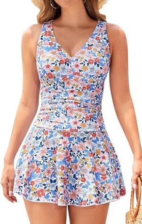 SHEKINI Maillot de Bain Une Pièce Femme avec Jupette Maillot de Bain 1 Pièce Col en V Robe Maillot de Bain Femme(XXL, Bleue-Fleur)