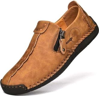 Generic Mocassins pour homme avec fermeture &eacute;clair lat&eacute;rale, faites &agrave; la main, semelle en caoutchouc antid&eacute;rapante, chaussures de marche, mocassins flexibles 