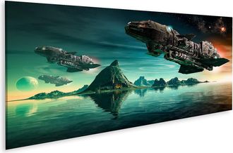 Islandburner Bild auf Leinwand Futuristische Scifi Schlacht Raumschiffe schweben &uuml;ber saurem Ozean Alien Planet D Render Futuristis Wandbild Leinwandbild Bilder f&uuml;