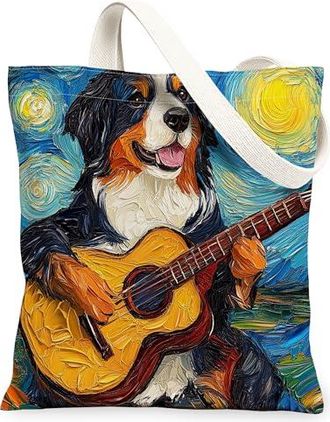 Generic Sac fourre-tout en toile motif chien de montagne bernois 33 x 38 cm, motif guitare &eacute;toil&eacute;e, sac d&eacute;picerie r&eacute;utilisable pour femme, animal de compagnie