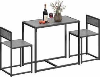 HOMCOM Esstisch- und Stuhlset 2, Esszimmergarnitur, rechteckiger platzsparender Tisch und 2 St&uuml;hle f&uuml;r kompakte K&uuml;chen, Stahlgestell, anthrazitgrau mit Holzo