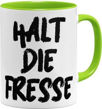 OM3 lustige Tasse mit Spruch - Halt die Fresse - Statement | Keramik Becher | 325ml | Beidseitig Bedruckt | Hellgr&uuml;n
