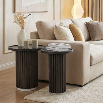 IDIMEX SARDA Couchtischset aus massivem Mangoholz, Braun/Wei&szlig; - Runder Wohnzimmertisch mit Marmorfu&szlig;, Beistelltischset f&uuml;r Elegante Akzente, Kleine Tische im