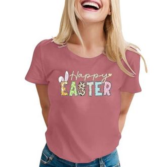 Generic T-shirt d&eacute;contract&eacute; pour femme - Imprim&eacute; P&acirc;ques - Col rond - Manches courtes, Rose, 3XL