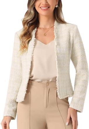 Allegra K Blazer en Tweed Femme &agrave; Carreaux Manches Longues Ouvert sur Le Devant Veste de Travail et de Bureau Beige M