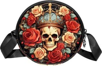 Generic Petit sac &agrave; bandouli&egrave;re circulaire pour femme, motif cr&acirc;nes, fleurs, petit sac &agrave; bandouli&egrave;re avec fermeture &eacute;clair, bretelles r&eacute;glables, sac &agrave; main ro