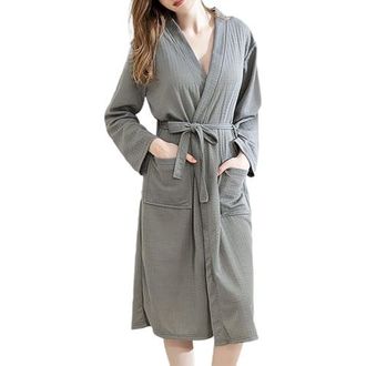 Generic Robe de chambre fine pour femme, peignoirs en nid dabeille pour femme d&eacute;contract&eacute; col en V long peignoir avec poches coupe ample peignoirs de bain l&eacute;g