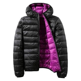 Generic Manteau court en duvet pliable pour femme - Doudoune &agrave; capuche - V&ecirc;tement dext&eacute;rieur ultra l&eacute;ger, noir/violet, 3XL