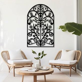 Generic Rustikale Wanddekoration aus Metall in Schwarz mit Bogenfenster, Vintage-Stil, Lange, vertikale, Moderne Wanddekoration aus Metall, rustikale Bogenfen