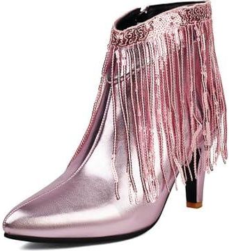 Generic Bottines western à bout pointu pour femme, tendance, brillant, patchwork, bloc à talons hauts, chaussures décontractées, rose, 40.5 EU