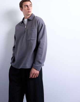 Topman Premium - Oversize-Polohemd in Grau mit kurzem Reißverschluss