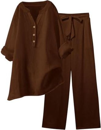 Generic Ensemble de 2 tenues en lin pour femme - Grande taille - T-shirt graphique &agrave; manches courtes et pantalon - Mocassins assortis - Taille 1, caf&eacute;, XXL