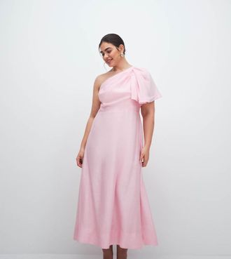 Forever New Robe mi-longue asym&eacute;trique en lin &agrave; d&eacute;tail noeud - Rose