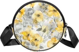 Generic Petit sac &agrave; bandouli&egrave;re circulaire pour femme, motif feuilles florales, sac &agrave; dos avec fermeture &eacute;clair, bretelles r&eacute;glables, sac &agrave; main rond d&eacute;contra