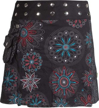vishes Alternative Bekleidung - Damen Wickel-Rock Bedruckt Bestickt Blumen Mandala G&uuml;rtel-Tasche schwarz 34-40