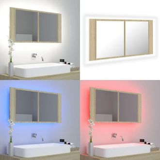 vidaXL LED-Bad-Spiegelschrank Sonoma-Eiche 90x12x45 cm Acryl - LED-Spiegelschrank - Badezimmermöbel - Acrylspiegel - Sonoma-Eiche - rgb Beleuchtung - Home &