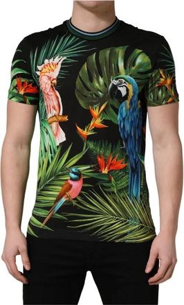 Dolce & Gabbana Homme, Tops, Multicolore, Taille: XS T-shirt en coton avec imprim&eacute; oiseau et col rond