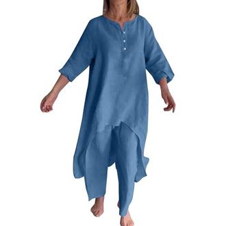 Generic Tenues de voyage deux pi&egrave;ces en coton et lin pour femme, chemises irr&eacute;guli&egrave;res &agrave; manches longues, taille haute, pantalon droit, ensembles de v&ecirc;tements