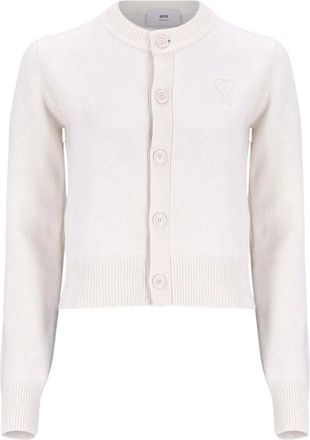Ami Femme, Pulls, Beige, Taille: 40 FR Gilet en Laine Crème avec Détail Brodé