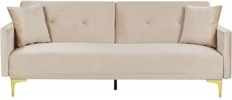Beliani 3-Sitzer Schlafsofa Beige Samtbezug Gesteppt mit Goldenen Metallbeinen 2 Kissen Retro Klappsofa Wohnzimmer Sofa mit Schlaffunktion