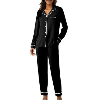 Generic MJGkhiy Pyjama Femme Coton Hiver &Eacute;l&eacute;gant Ouvert Avant Chemise Avec Boutons Et Pantalon Long Pyjama Deux Pi&egrave;ces Doux Confortable Manches Longues Pajama