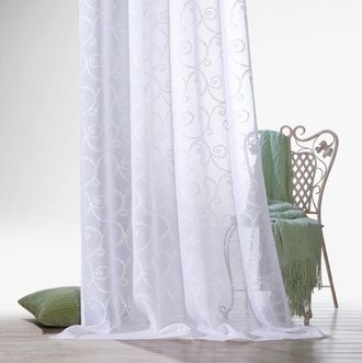 Heimtexland Ösenschal Ranken Stickerei Leinen Optik Vorhang halbtransparent Gardine mit Ösen weiß Typ895 HxB 245x140 cm