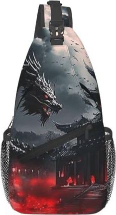 Generic Sac &agrave; dos &agrave; bandouli&egrave;re pour homme Motif dragon et tour Noir