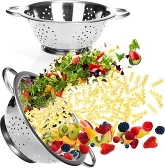 Com-Four 2x Küchensieb aus Edelstahl - klassisches Nudelsieb - rundes Abtropfsieb zum Waschen von Obst, Gemüse und Salat (2 Stück - Henkel)