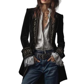 Generic Veste longue brodée en velours de polyester bleu marine vintage pour femme, vêtement dextérieur gothique steampunk ouvert sur le devant, Noir, 3XL